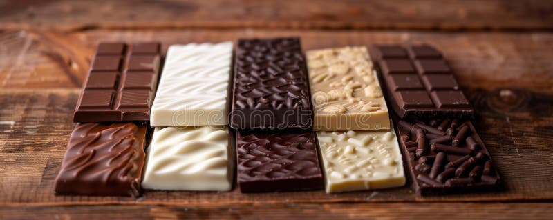A Collection of Different Types of Chocolate Bars Arranged on a Wooden ...