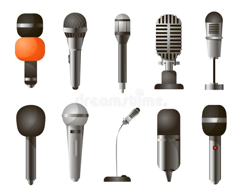 Set of Different Types of Microphones in Realistic Style Isolated on a ...