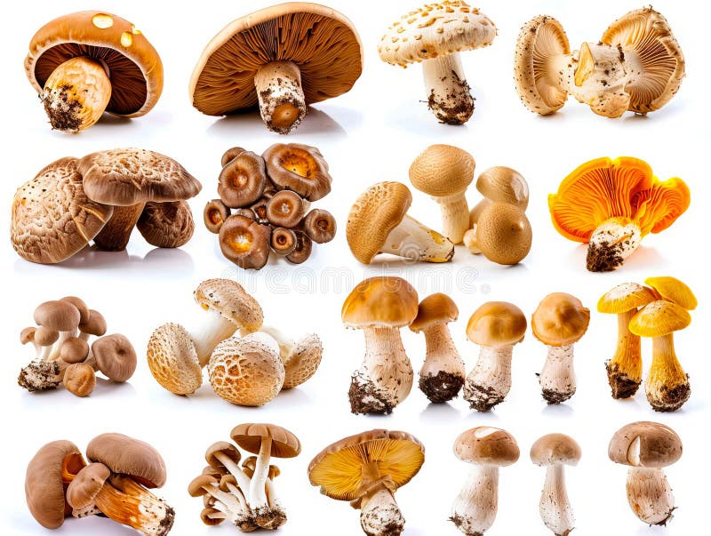 A Collection of Different Types of Mushrooms on a White Background ...