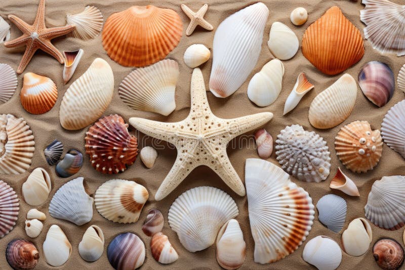 Collection of Different Types of Sea Shells on Sand Stock Photo - Image ...