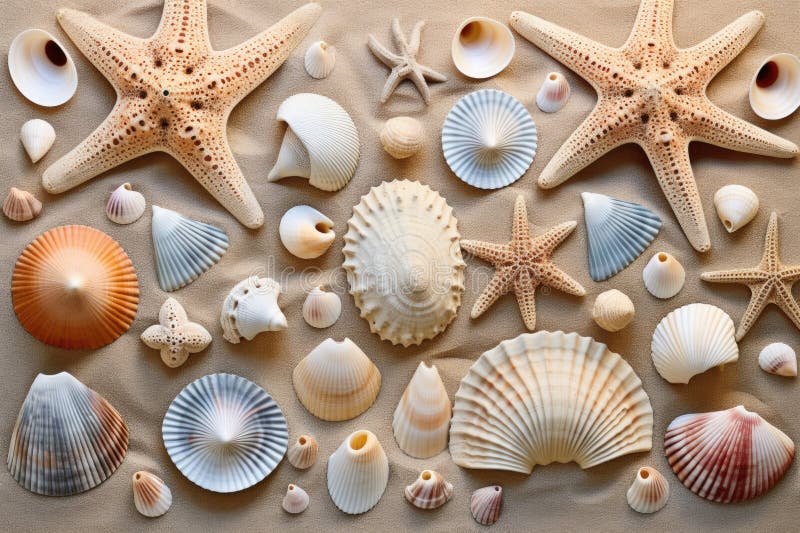 Collection of Different Types of Sea Shells on Sand Stock Photo - Image ...