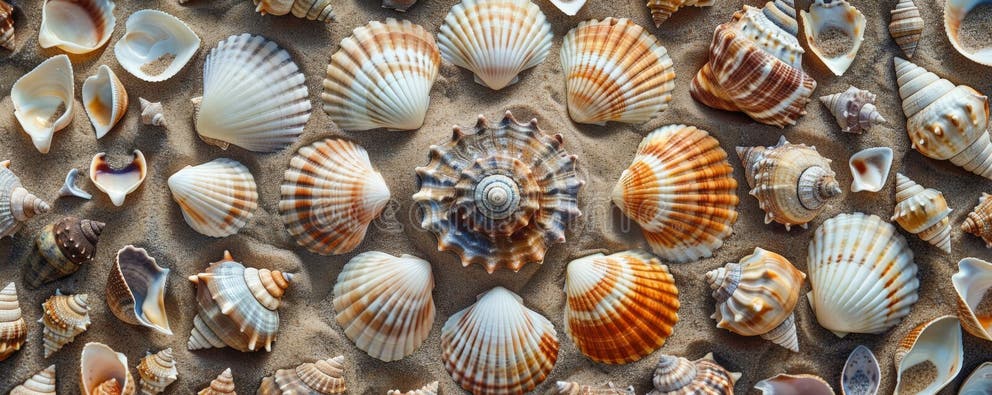 A Collection of Different Types of Seashells Arranged in a Circular Pattern on a Sandy Beach ...