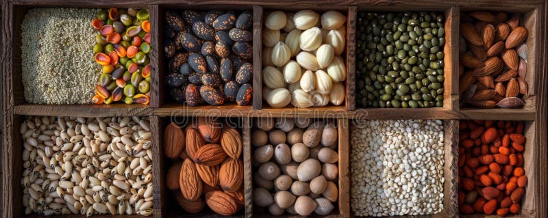 A Collection of Different Types of Seeds Displayed in a Wooden Box. the ...