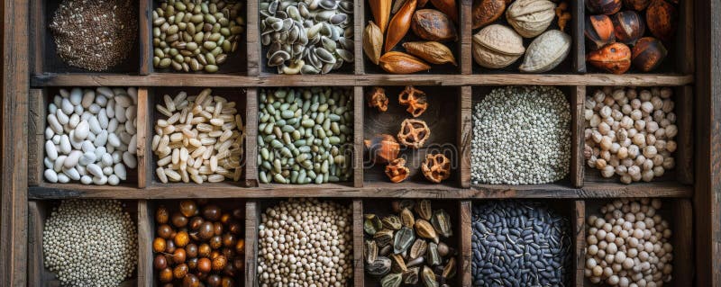 A Collection of Different Types of Seeds Displayed in a Wooden Box. the ...