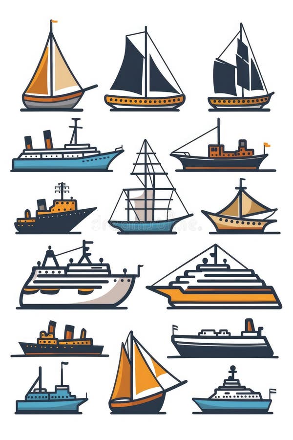 A Collection of Different Types of Ships on a Plain White Background ...