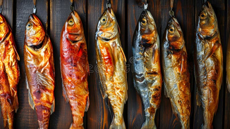 Assorted Smoked Fish Hanging on a Wall Stock Illustration ...