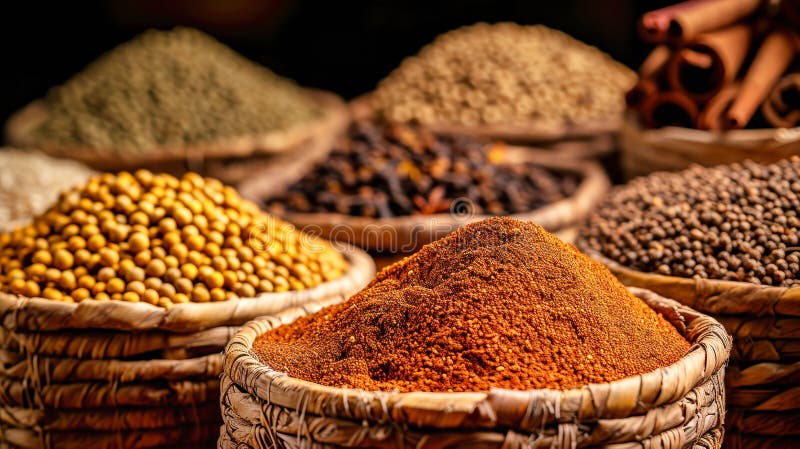 Assortment of Spices in Filled Baskets Stock Illustration ...
