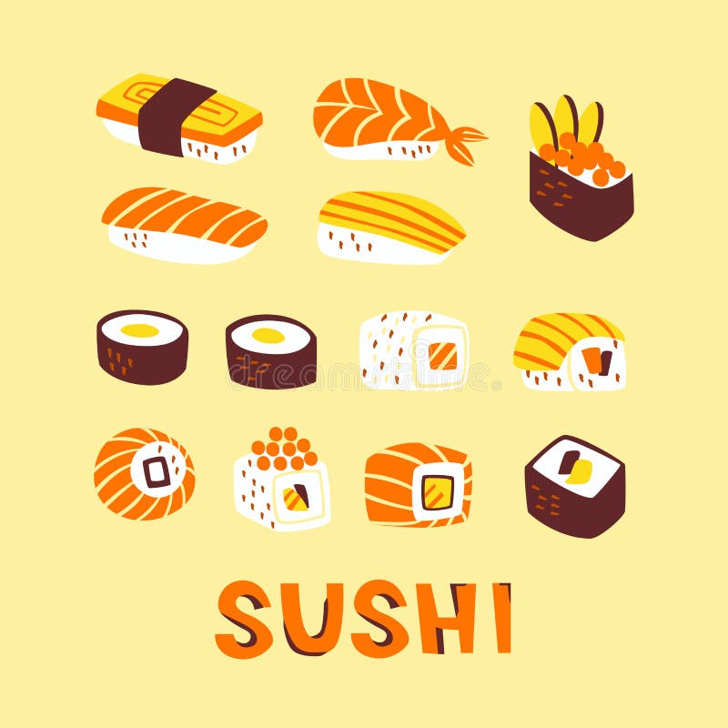 Collection with Different Types of Sushi and Rolls. Hand Drawn Vector ...