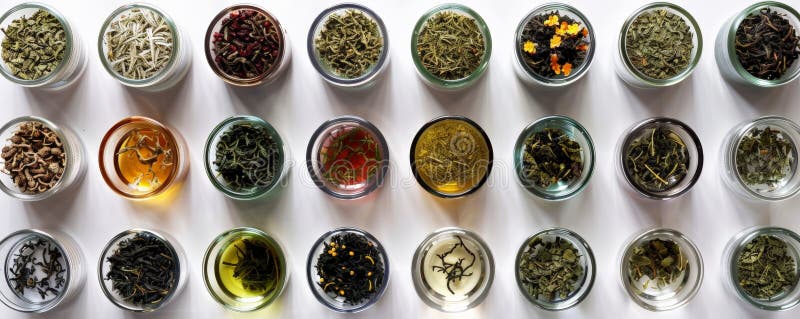 A Collection of Different Types of Tea Leaves Displayed in Small, Clear ...
