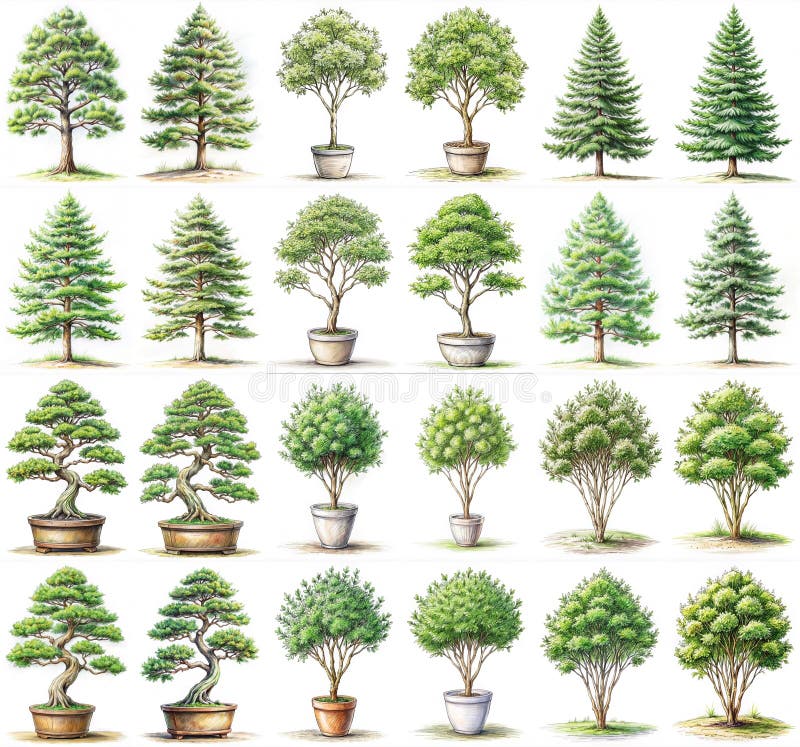 A Collection of Different Types of Trees, Including a Bonsai Tree Stock ...