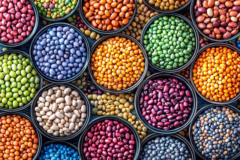 Collection of Different Varieties of Beans in Colorful Bowls Stock ...