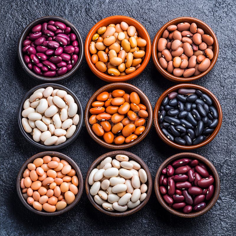 Collection of Different Varieties of Beans in Colorful Bowls Stock ...