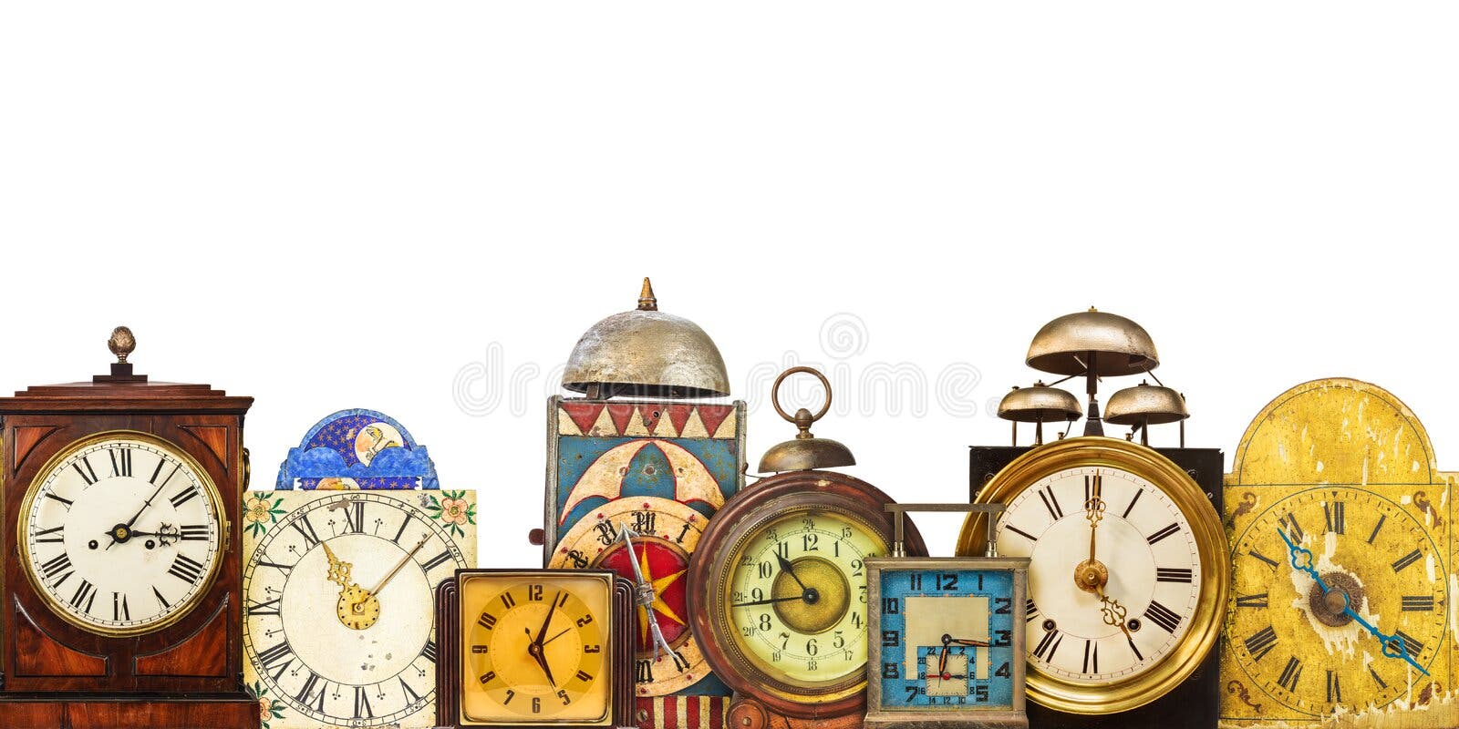 Collection of Ancient Clock Faces in Front of Retro Wallpaper Stock ...
