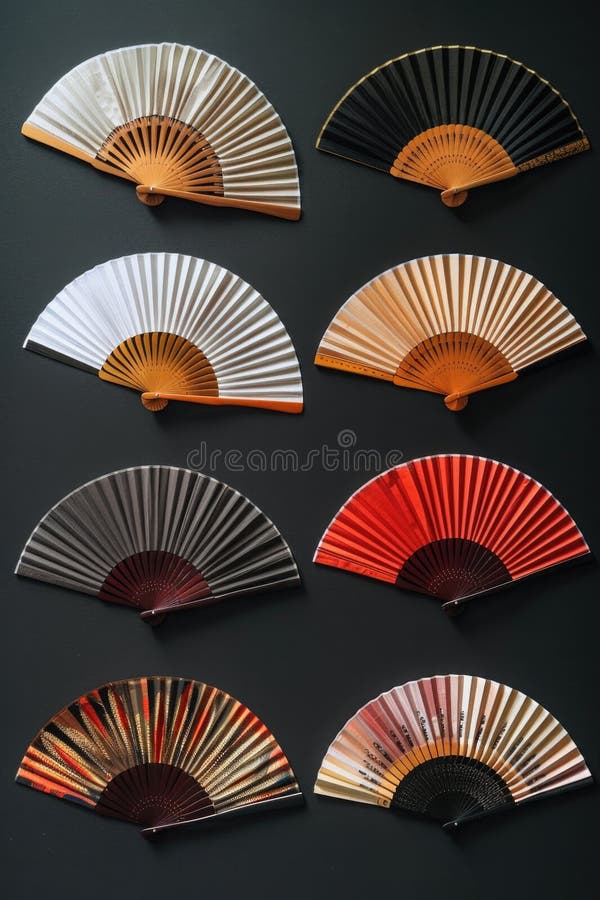 A Collection of Differently Colored Fans Placed on a Black Surface ...