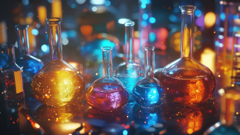 Colored Flasks on Table stock photo. Image of grouping - 388055900