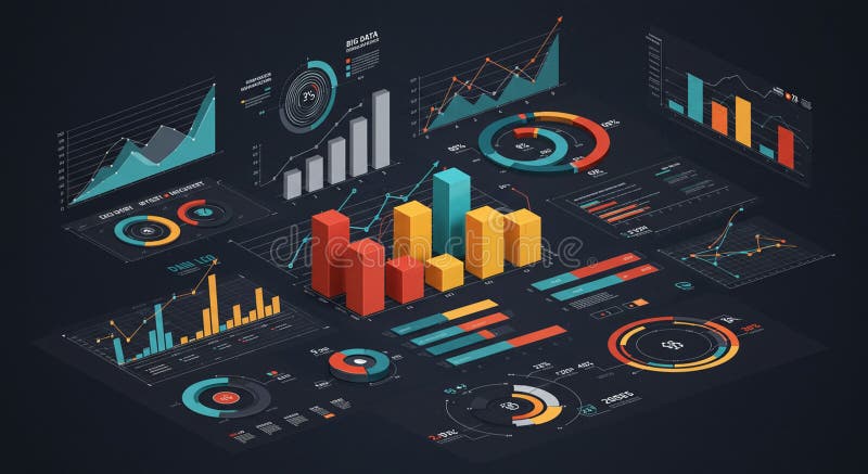 A Collection of Digital Data Visualizations on a Dark Background. it Features Various Stock ...