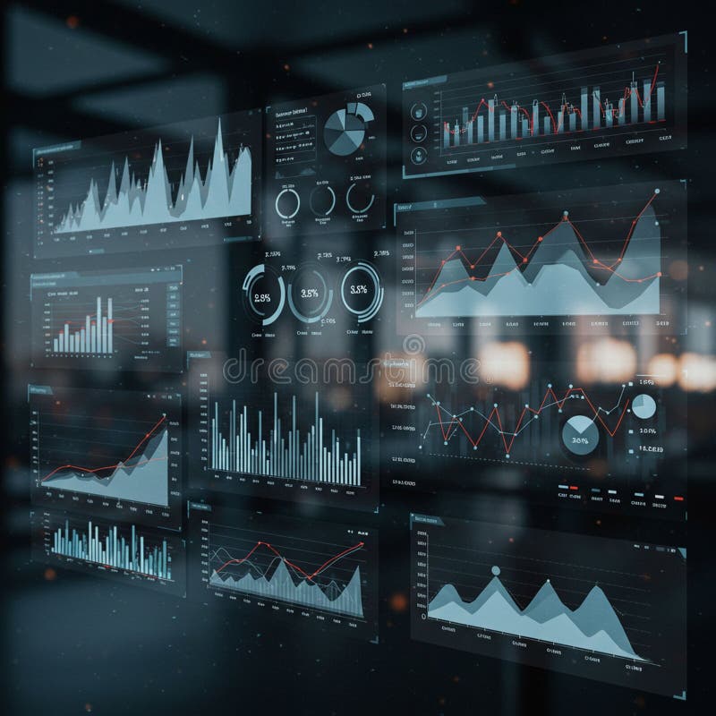 A Collection of Digital Data Visualizations Displayed on a Transparent ...