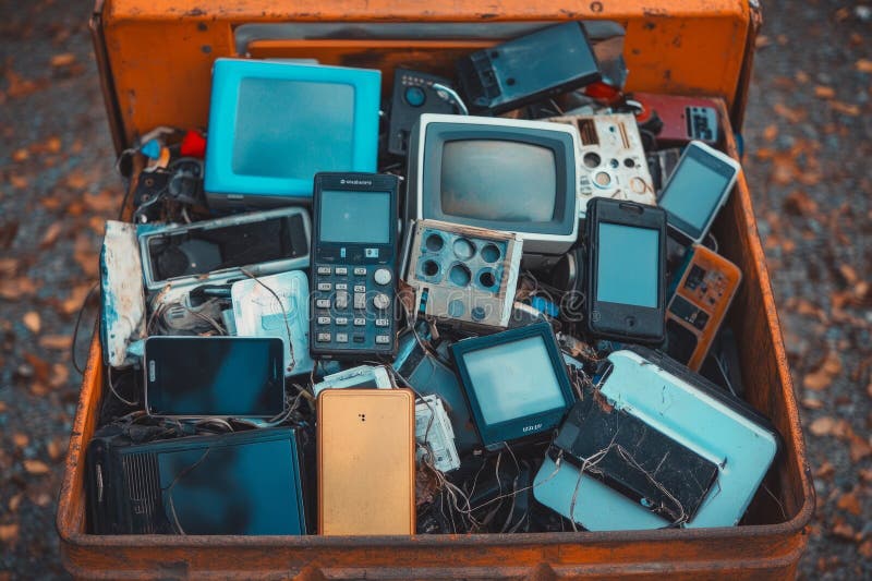 A Collection of Discarded Electronic Devices in a Metal Box. Vintage ...