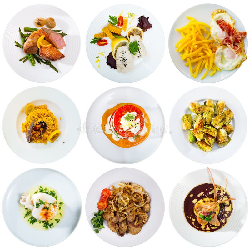 Collection of Dishes on Round Plates Stock Photo - Image of ribs, beef ...