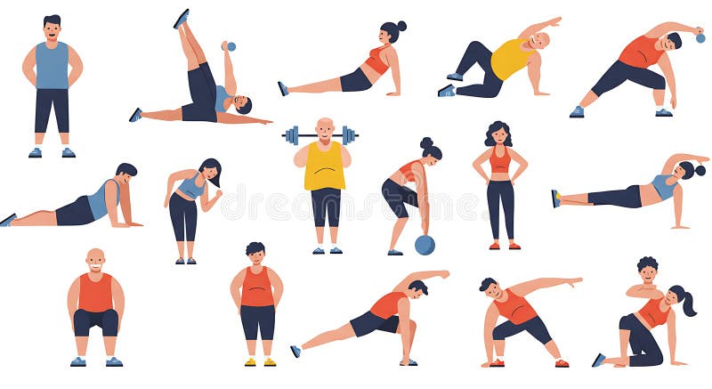 Diverse People Performing Various Exercise Routines Stock Illustration ...