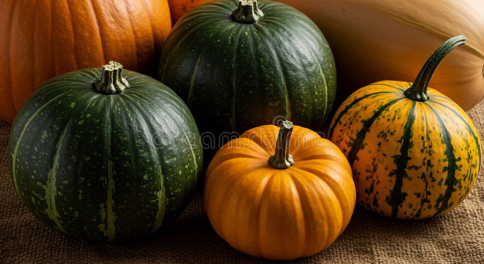 A Collection of Diverse Pumpkins and Squashes Displayed on a Burlap ...