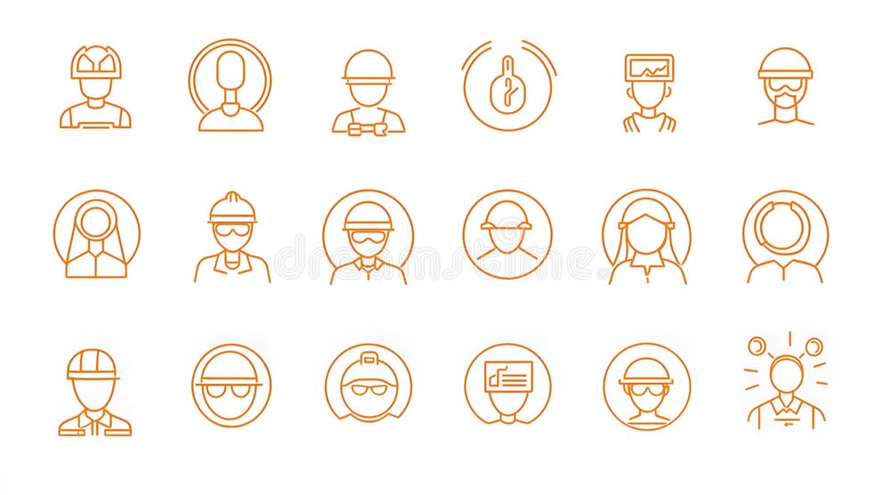 Collection of Diverse Worker Icons in Orange. Stock Illustration ...