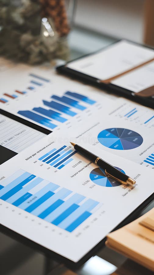 Pen and Documents on Table with Colorful Bar and Pie Charts, Data Focus ...