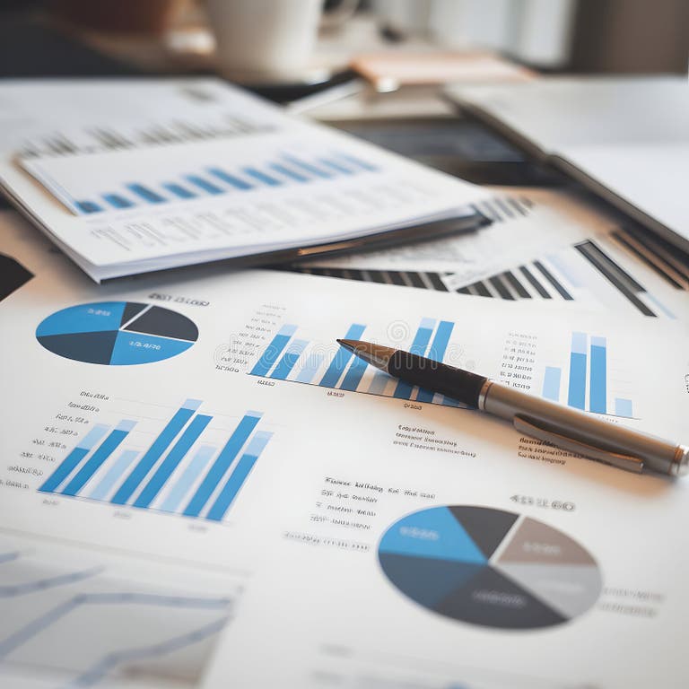 Pen and Documents on Table with Colorful Bar and Pie Charts, Data Focus ...