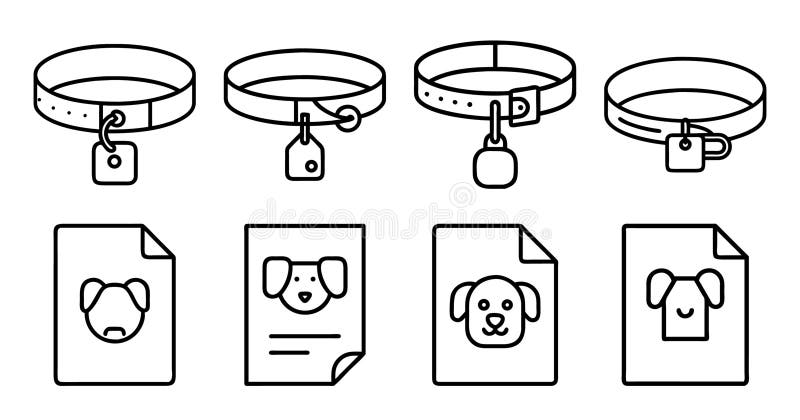 Collection of Dog Collars with Tags and Documents Featuring Dog Faces for Pet Services and ...