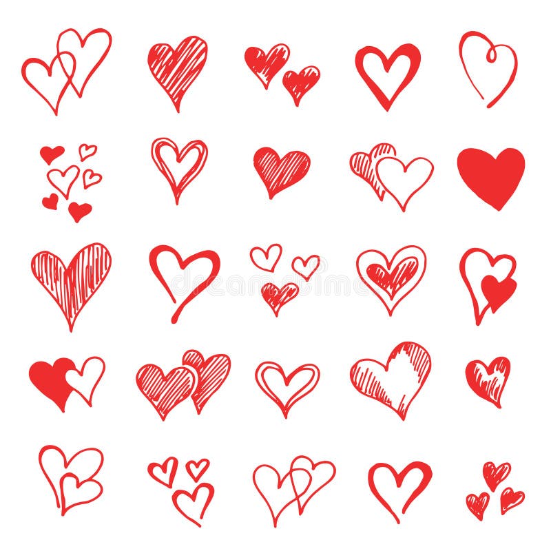 Collection Doodle Set of Hand Drawn Scribble Hearts Isolated Red on ...