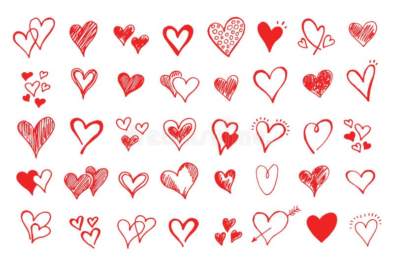Collection Doodle Set of Hand Drawn Scribble Hearts Isolated Red on ...