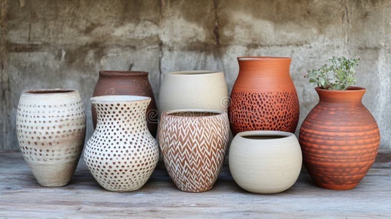 A Collection of Earthenware Pots with Various Textures and Designs ...