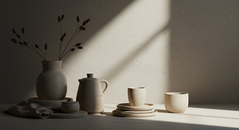 A Collection of Earthy-toned Ceramic Objects is Displayed on a Table ...