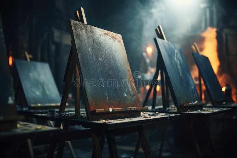 A Collection of Easels Standing on a Wooden Table, Ready for Use Stock ...