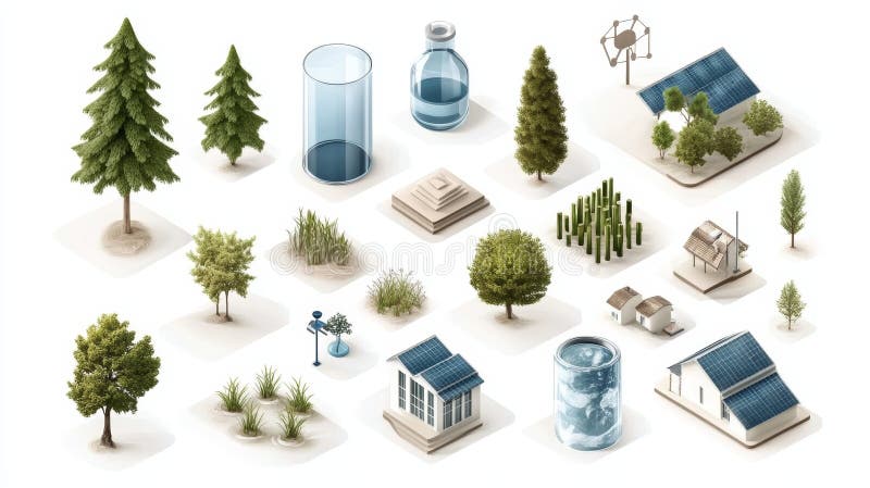 A Collection of Eco-friendly Elements, Featuring Trees, Buildings, and ...