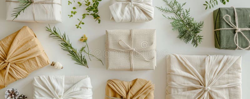 Collection of Eco-friendly Wrapped Gifts with Natural Elements and ...