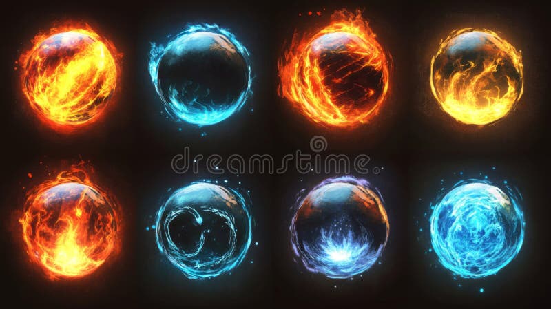 Collection of Eight Abstract Spheres Showing Fire and Ice Element on ...