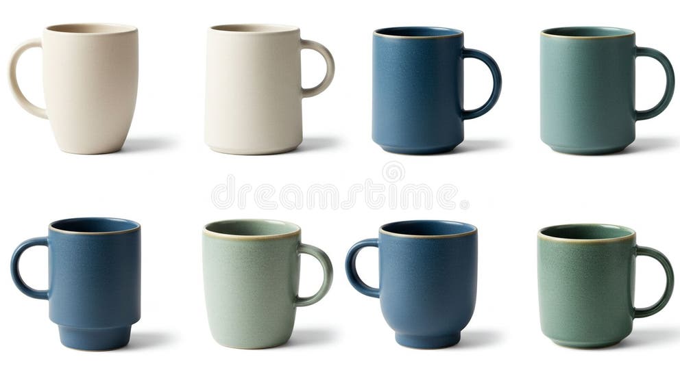 A Collection of Eight Ceramic Mugs Arranged in Two Rows on a White ...