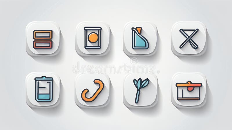 Collection of Eight Different Icon Designs on White Rounded Square ...