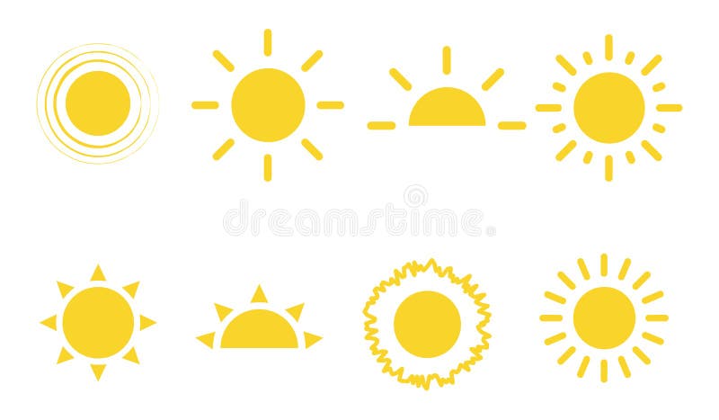 Collection of Eight Different Sun Icons with Rays and Circles. Stock ...