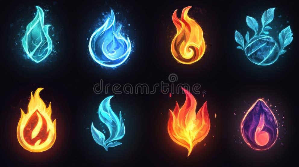 Collection of Eight Digital Elemental Icons on a Dark Background Design ...