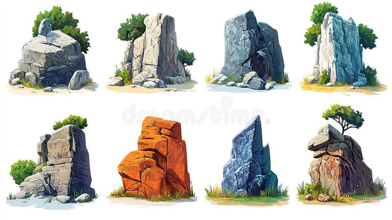 Collection of Eight Diverse Cartoon Rocks with Small Trees Stock ...