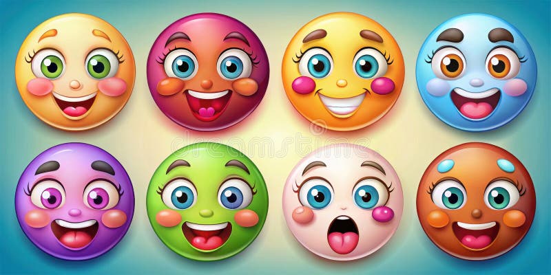 Collection of Eight Diverse Happy Emoticon Faces with Rosy Cheeks ...