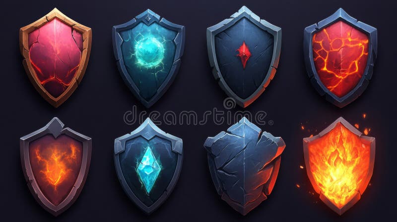 Collection of Eight Fantasy Pixel Style Shields on Dark Background ...