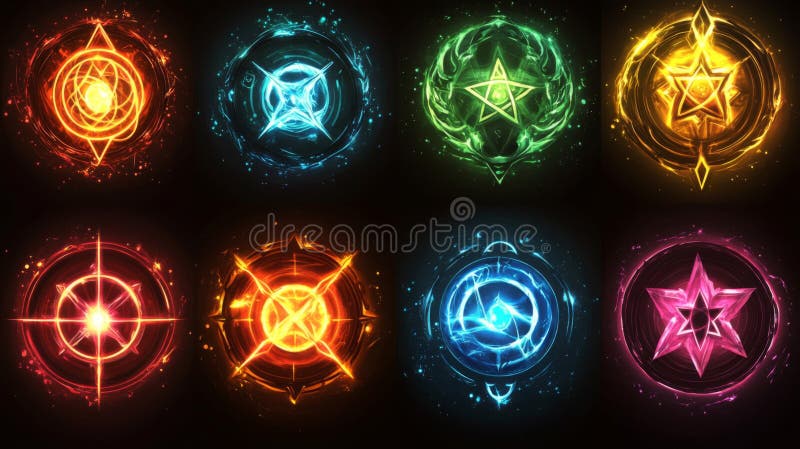 Collection of Eight Magic Circle Symbols with Glowing Effects on Dark ...