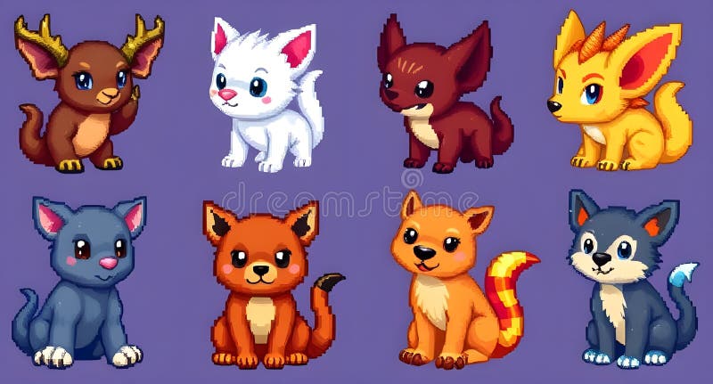 A Collection of Eight Pixel Art Creatures, Each with Distinct Features ...