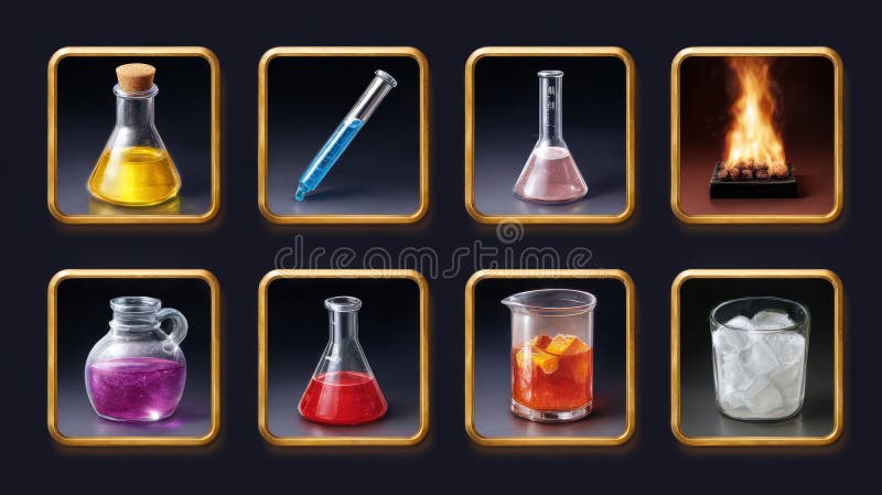 A Collection of Eight Square Icons Featuring Various Laboratory Flasks with Colorful Liquids and ...