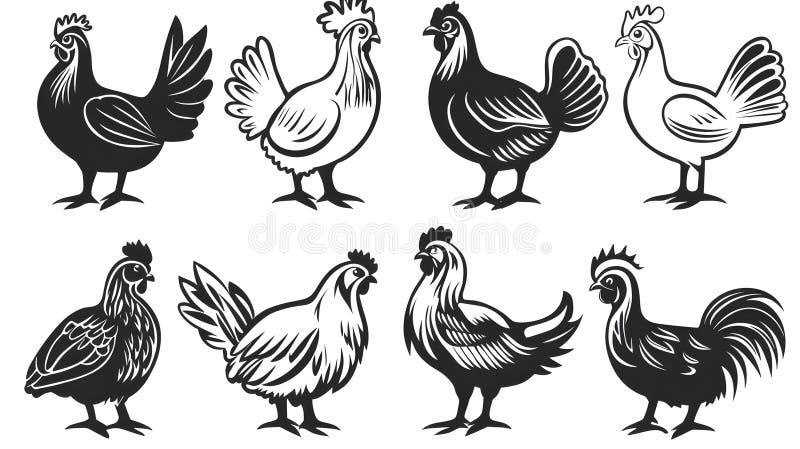 Various Artistic Chicken Illustrations in Black and White Stock ...