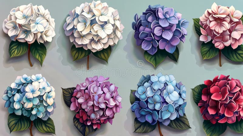 A Collection of Eight Vibrant Hydrangea Floral Arrangements Displayed ...