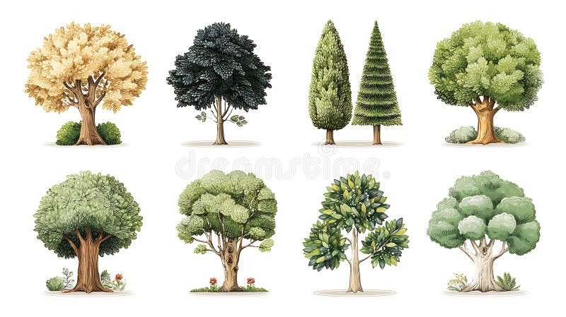 Collection of Eight Watercolor and Pixel Art Trees, Isolated on White ...